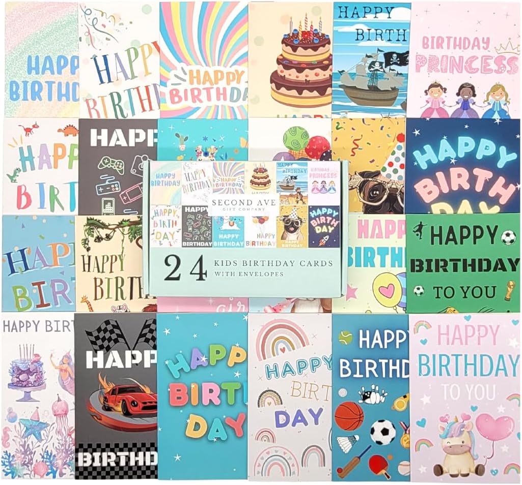 Second Ave 24 Pack Children's Kids Birthday Cards For Boys & Girls ...