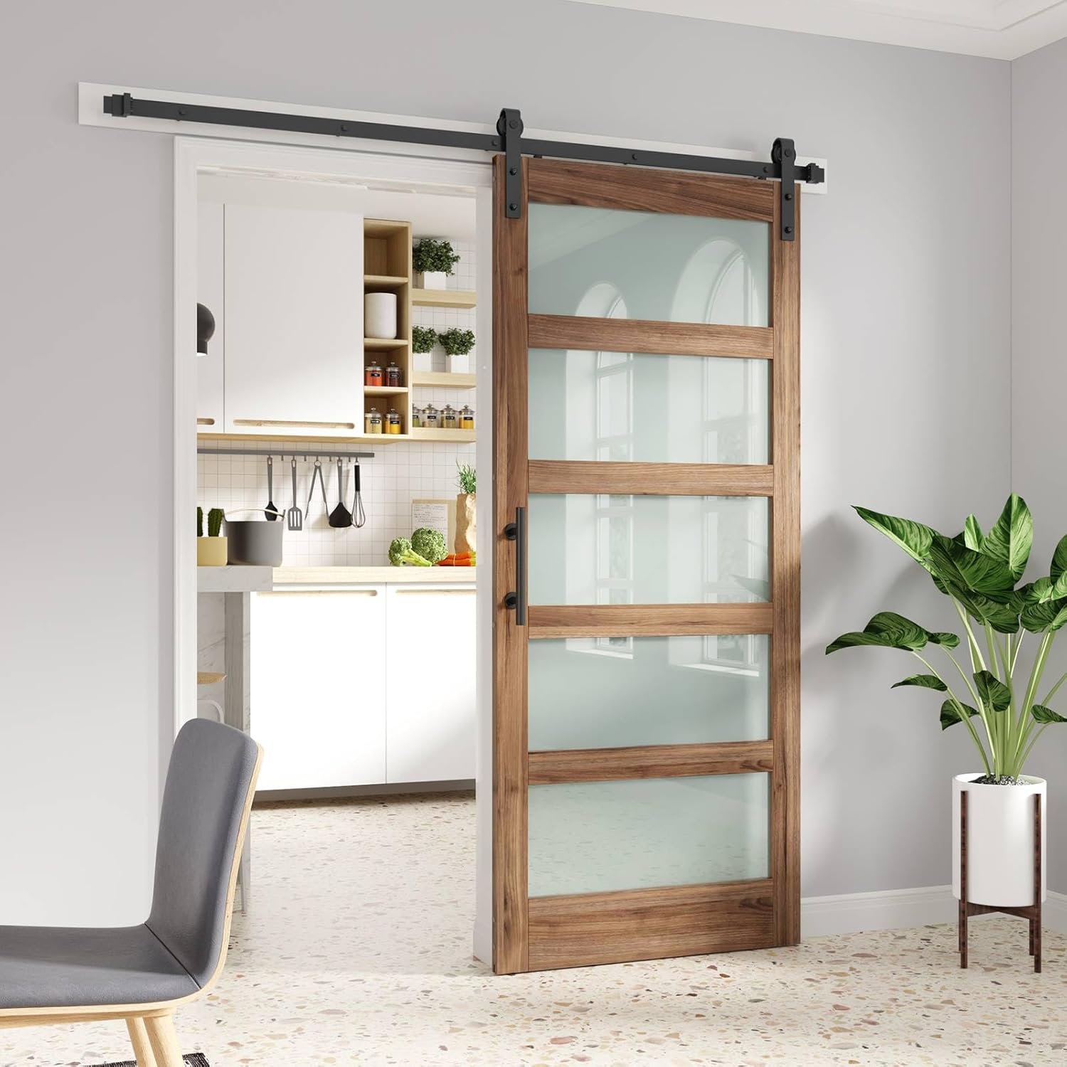 FREDBECK 38 x 84 inch Glass Barn Door with 6.6FT Barn Door Hardware Kit ...