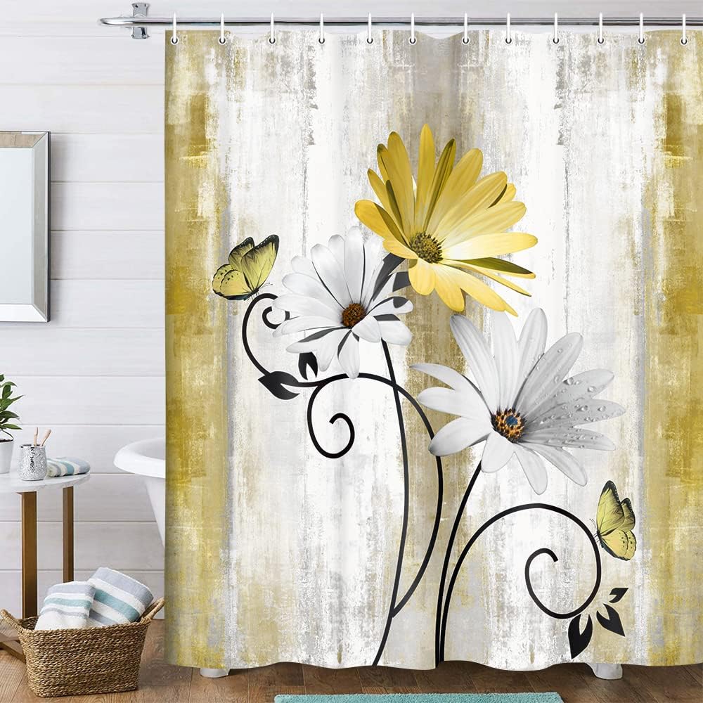 Amazon.com: VeiVian Rustic Farmhouse Shower Curtain, Farm Yellow Daisy ...