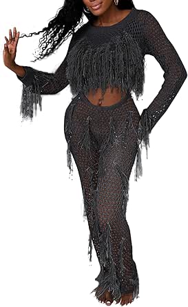 KANSOON Crochet Sets Two Piece Women Cover Up Swim Suits Sexy Tassel ...
