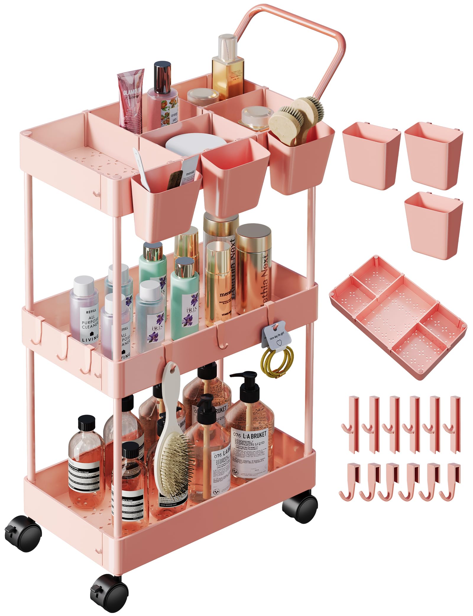 Amazon.com: Pink Rolling Makeup Cart, 3 Tier Slim Storage Cart, Utility ...
