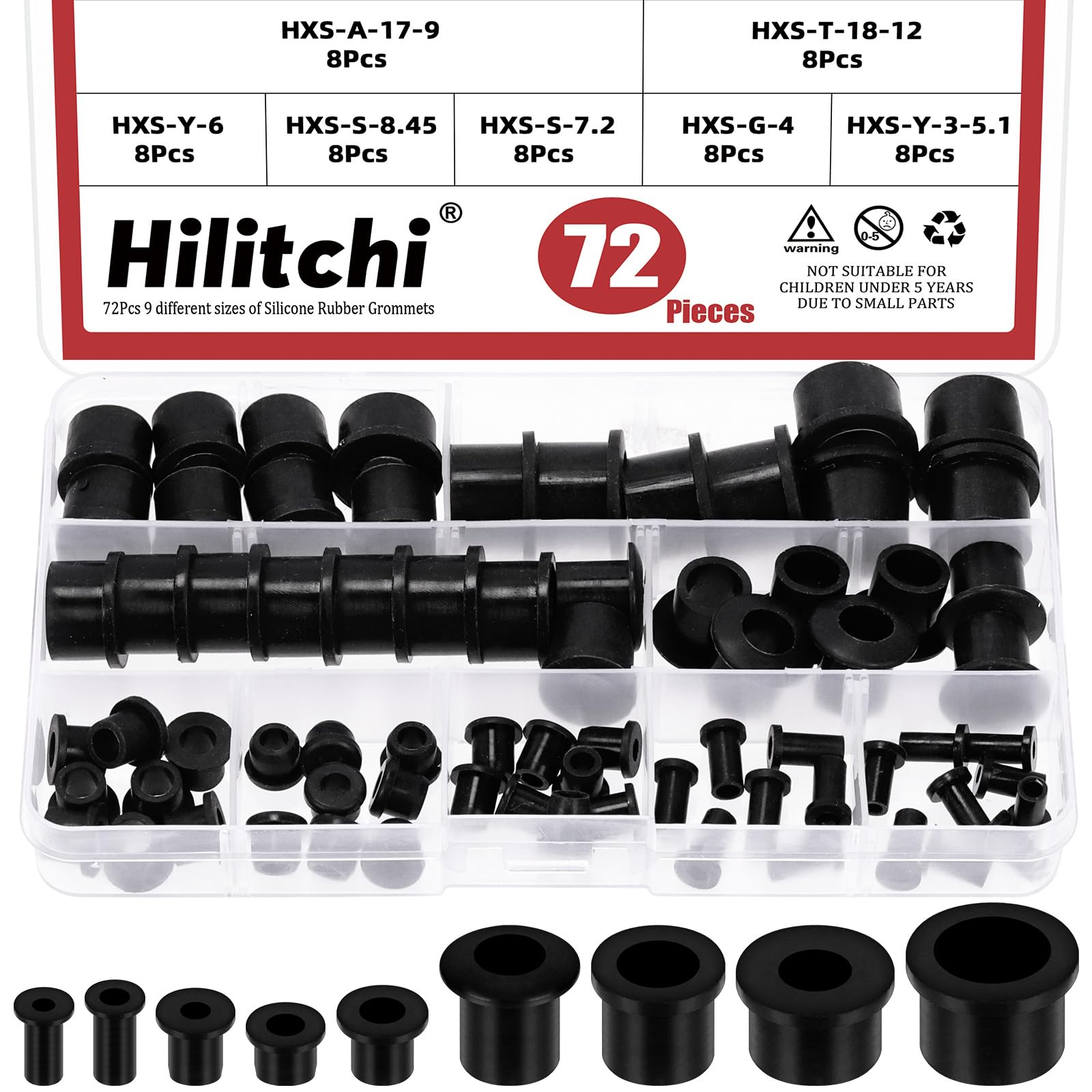 Hilitchi 72PCS 9 Sizes Black Silicone Rubber Grommets Kit T-Type Hole ...