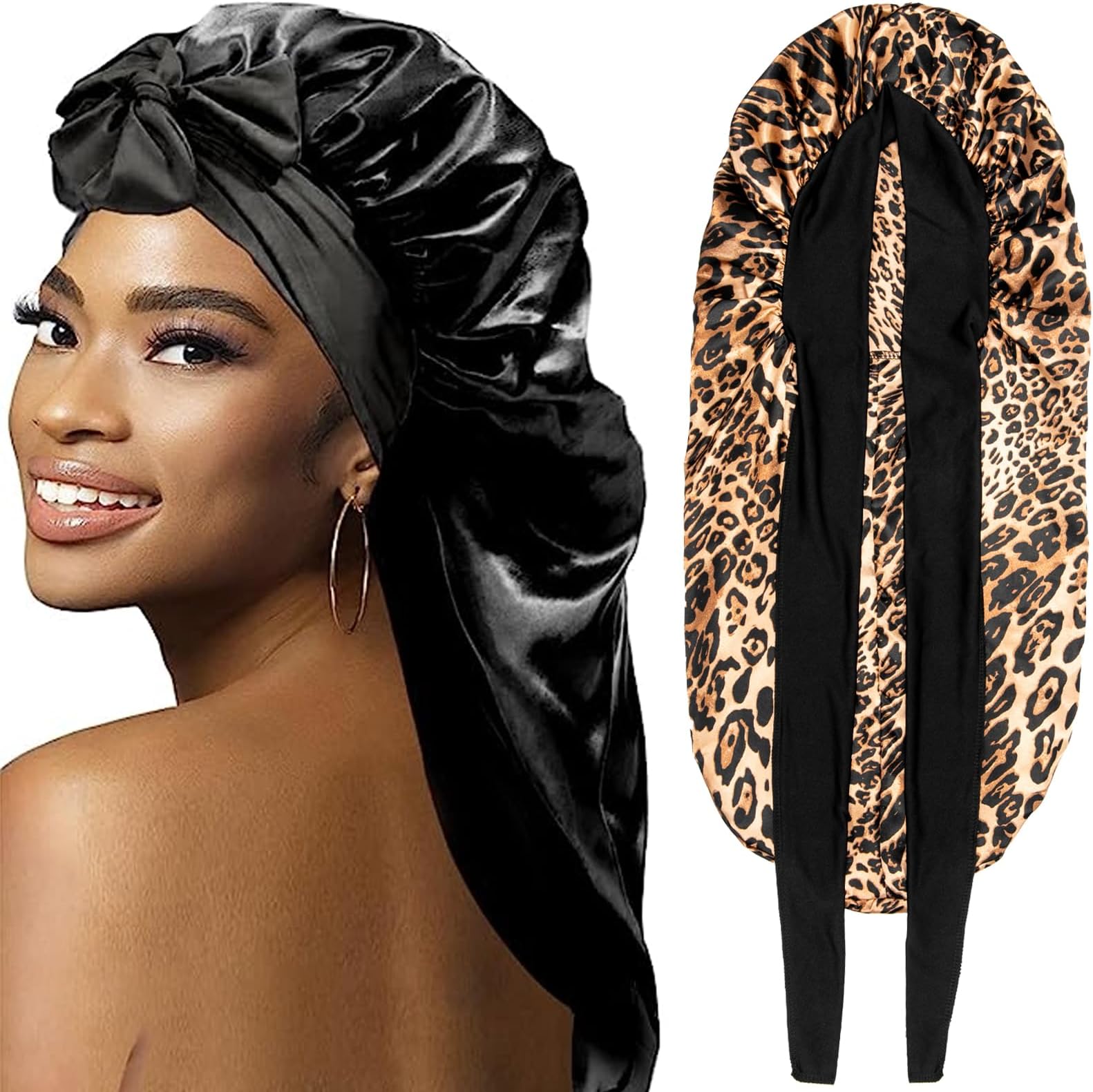 Amazon.com: 2Pcs Bonnets for Black Women Braid Bonnet, Large Long Satin ...