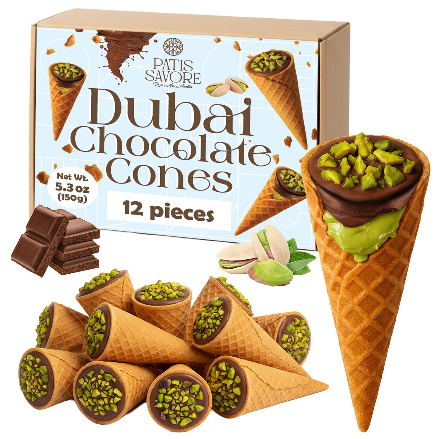 Amazon.com: Dubai Chocolate Cones with Pistachio Kataifi – 5.3 oz (150 ...
