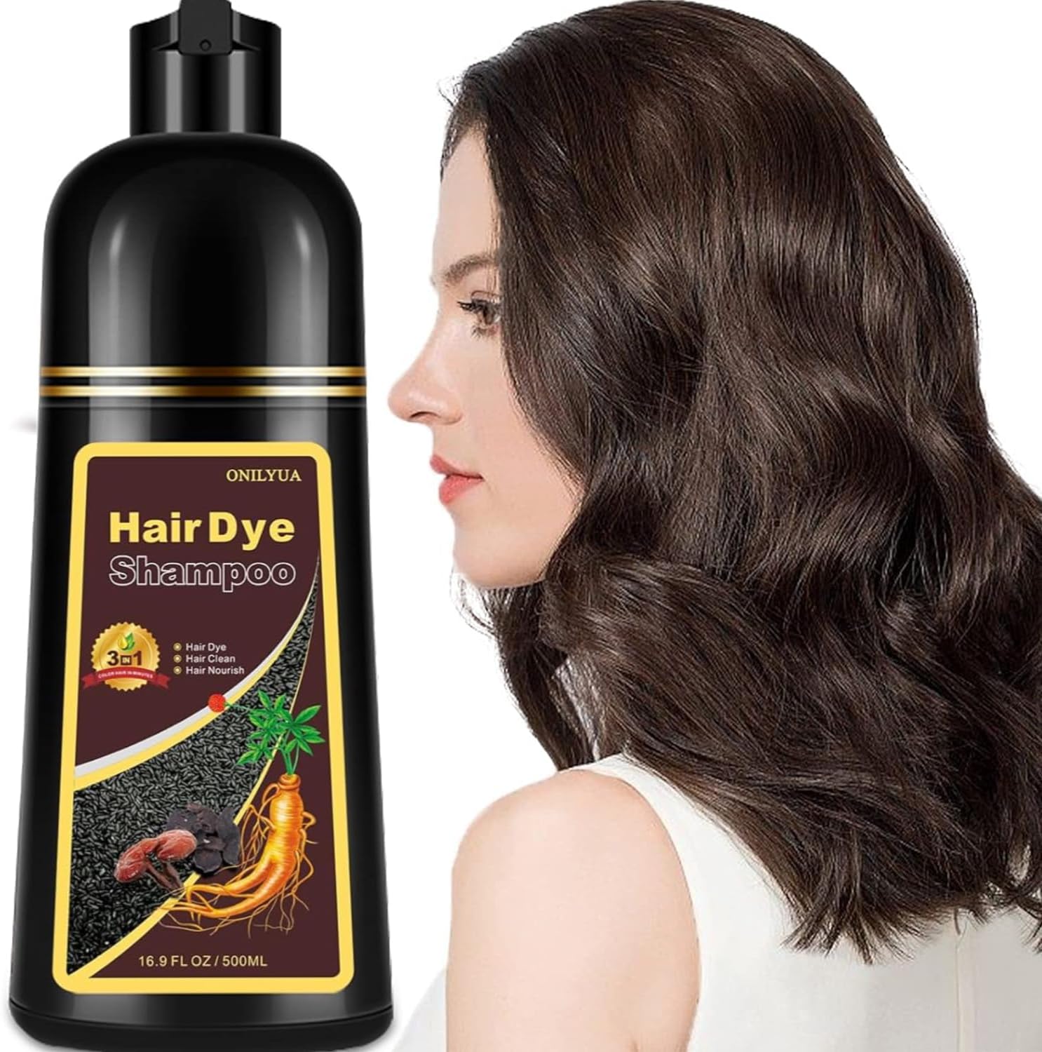 GURKOOYD Shampoo de cor natural 3 em 1 marrom escuro que tinge cabelos ...