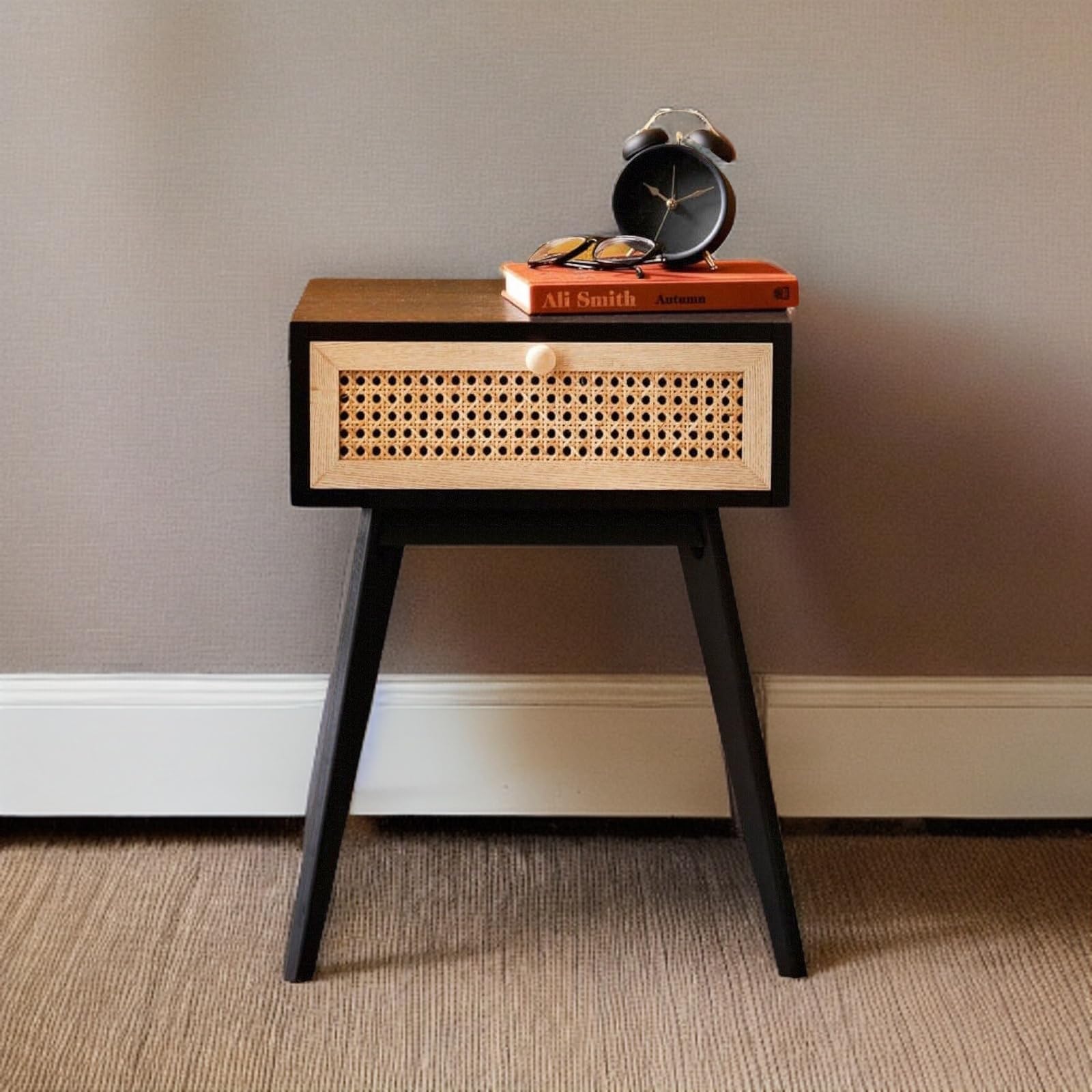 Black Bedside Table 1 Storage Drawer Vintage Cane Wooden Side Table ...