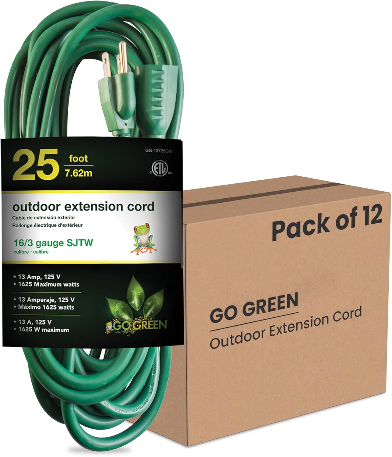 Go Green Power Inc. 25ft Outdoor Extension Cord, Green, Pack of 12-16/3 ...