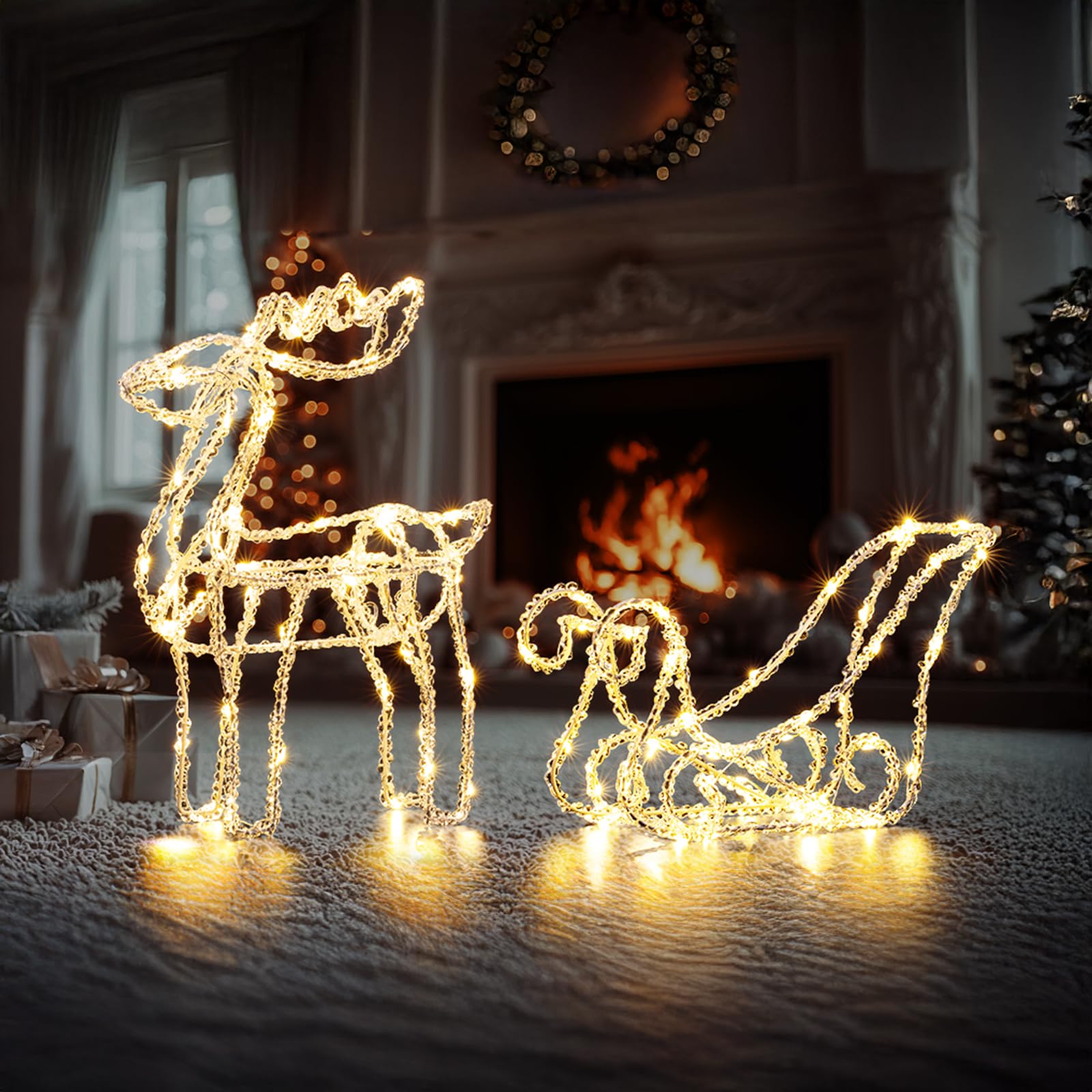 Set of 2 Christmas Decorations, Light up 3D Elk Pulling Sleigh ...