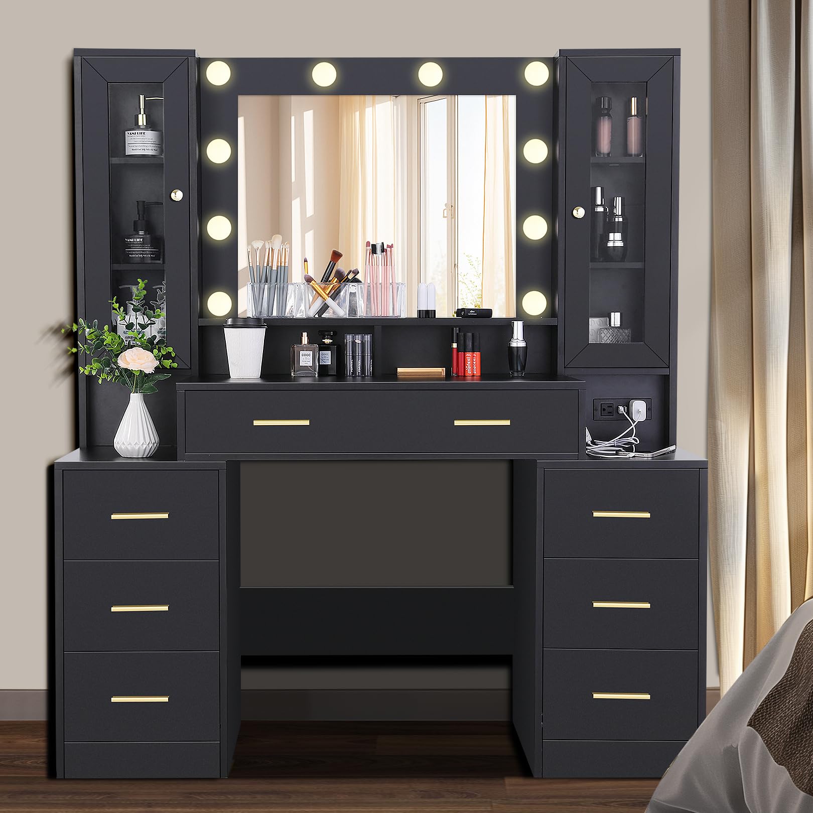 Homdox 49" Vanity Desk with Mirror and Lights, Black Makeup Vanity with ...