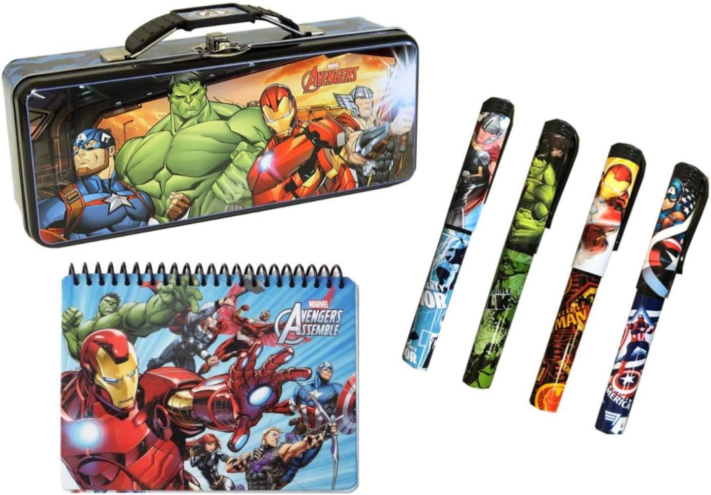 Marvel Avengers Metal Tin Pencil Case, Notebook and 4 Superhero Pens ...