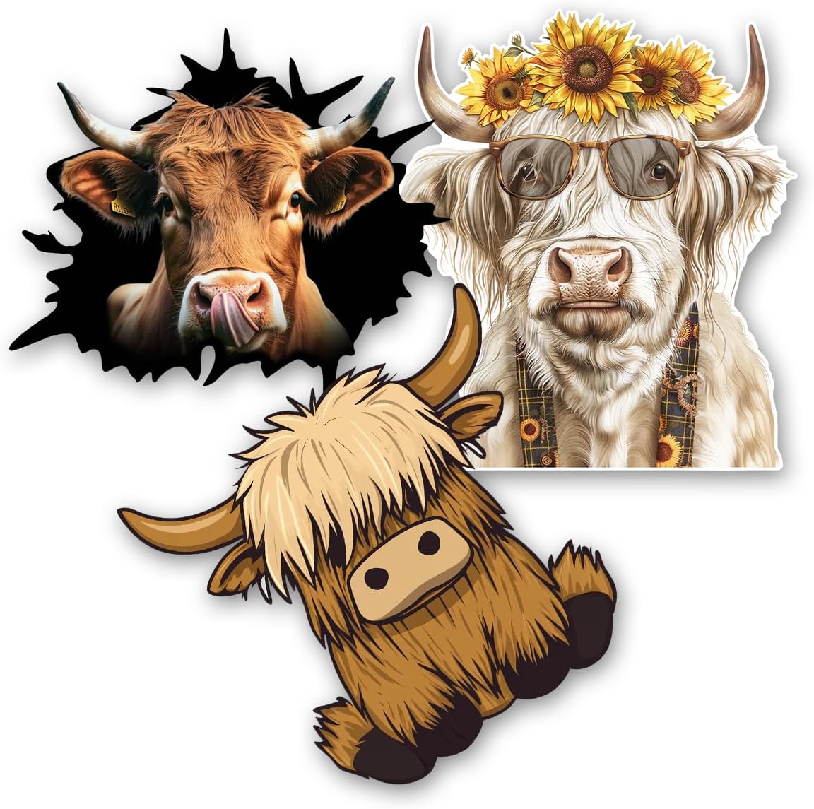Amazon.com: Pack 3 Pcs Highland Cow Sticker for Cars Laptops Vehicles ...