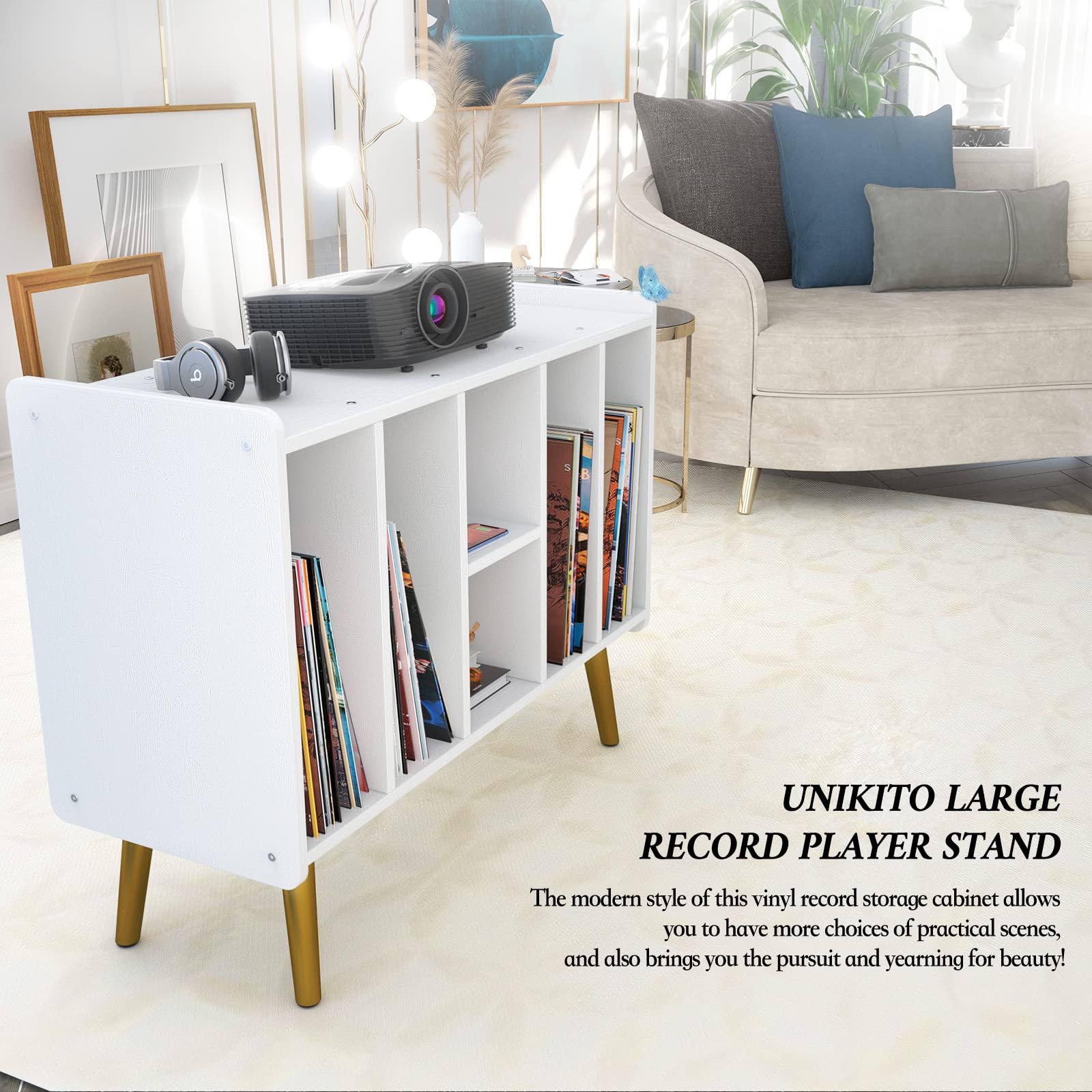 Unikito White Record Player Stand with Storage and Outlet, Vinyl Record ...