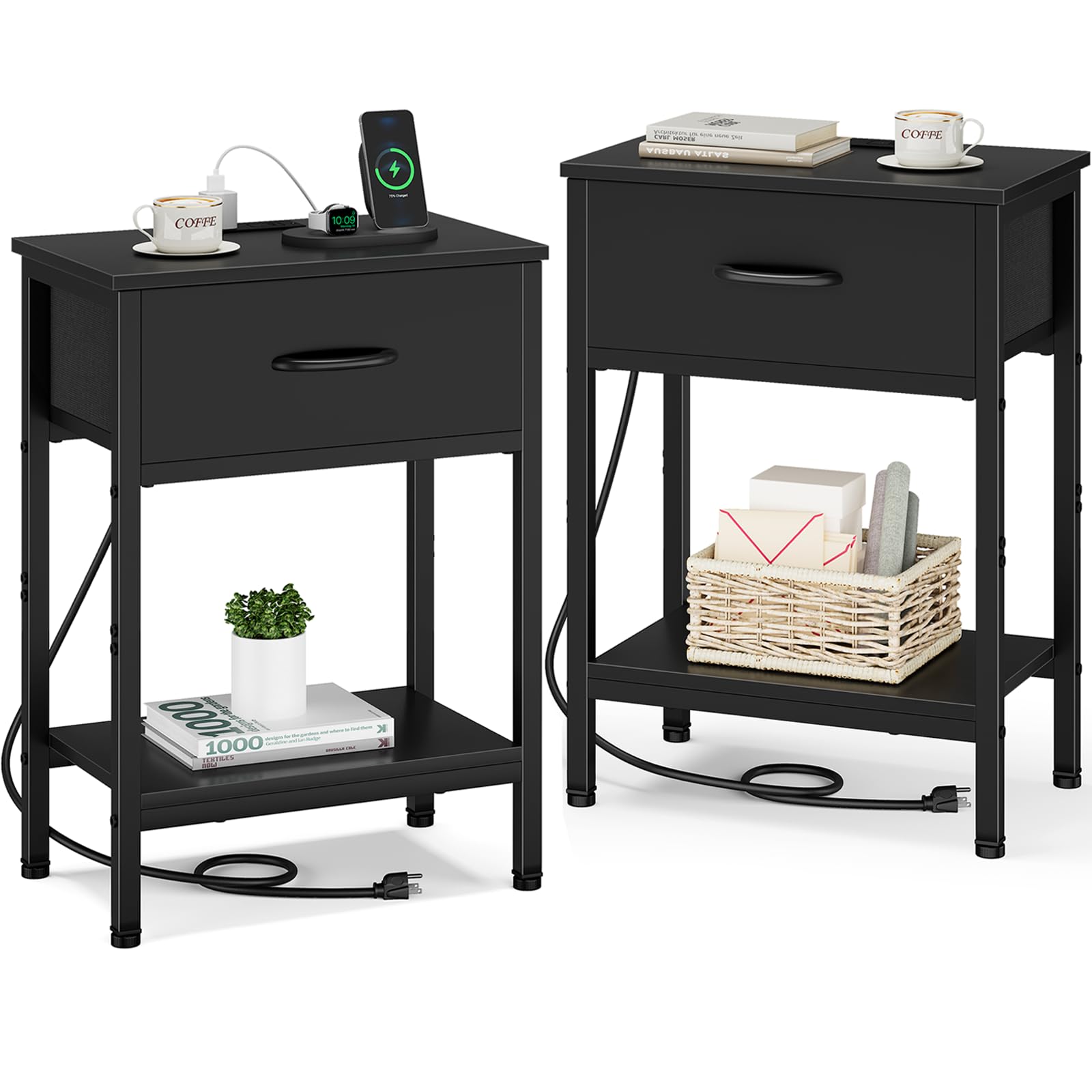 Amazon.com: Vagusicc Nightstand Set of 2 with Charging Station, Bed ...