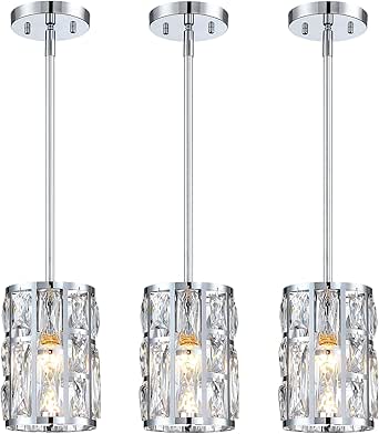 Modern Crystal Pendant Light Fixture 3-Pack Chrome Finish Hanging ...