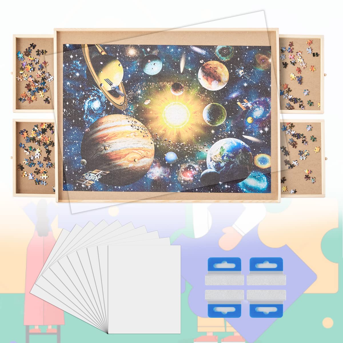 Buy 1500 Piece Puzzle Board, Wooden Jigsaw Puzzle Table with 4 Storage ...