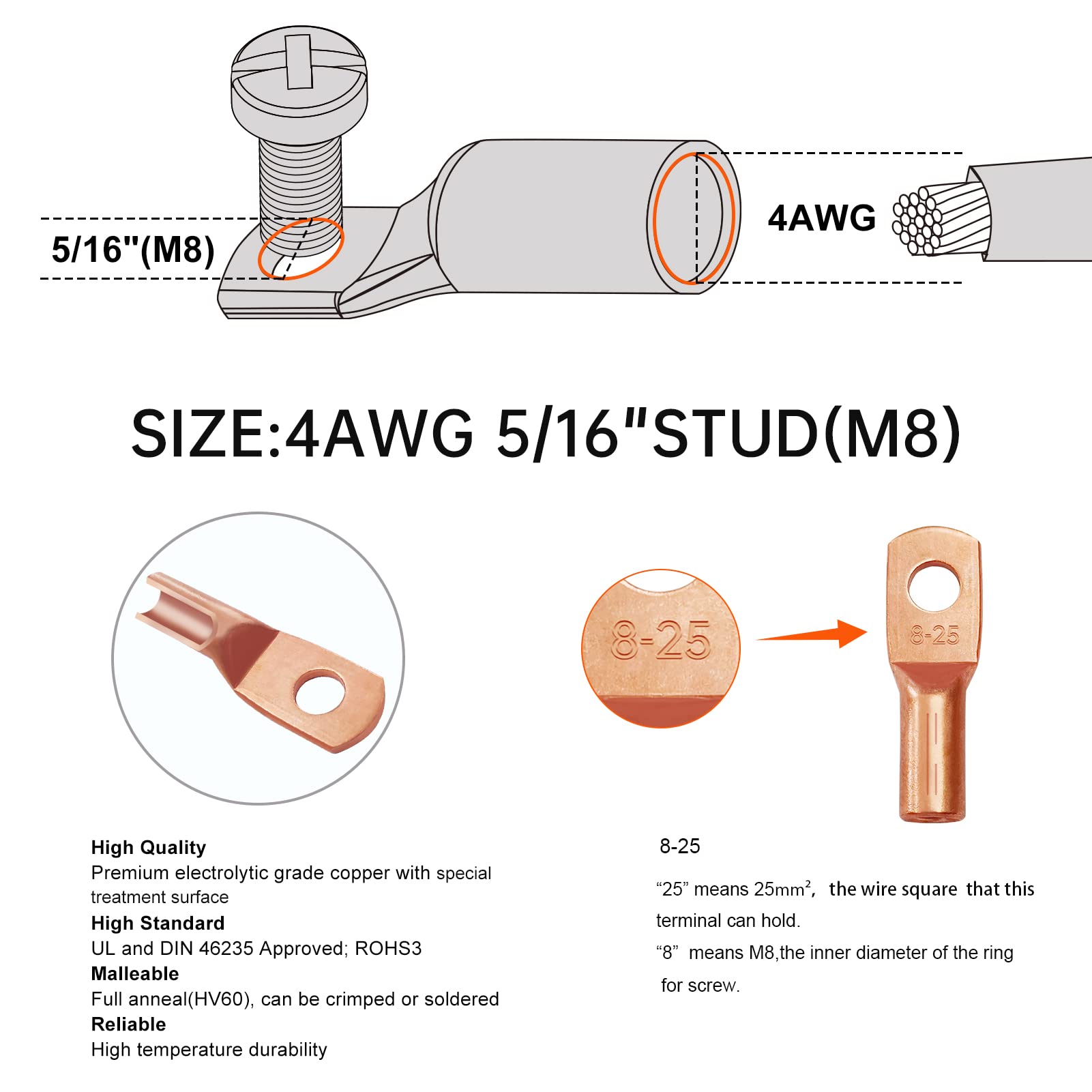 Snapklik.com : AIRIC 4AWG Copper Ring Terminals 5/16 Stud