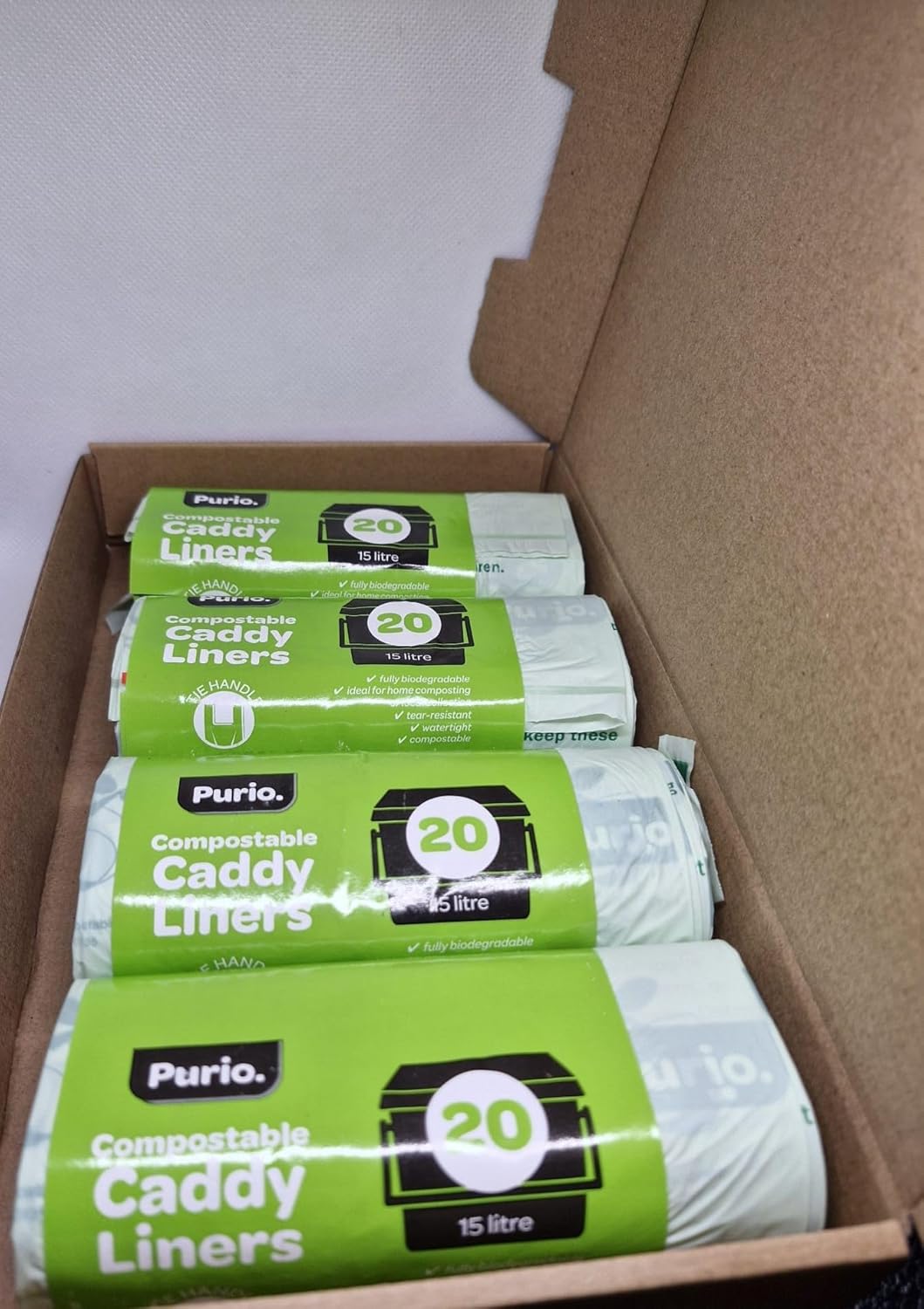 Purio Compostable Caddy Liners - 4 rolls of 20 bags. 15 litre capacity ...