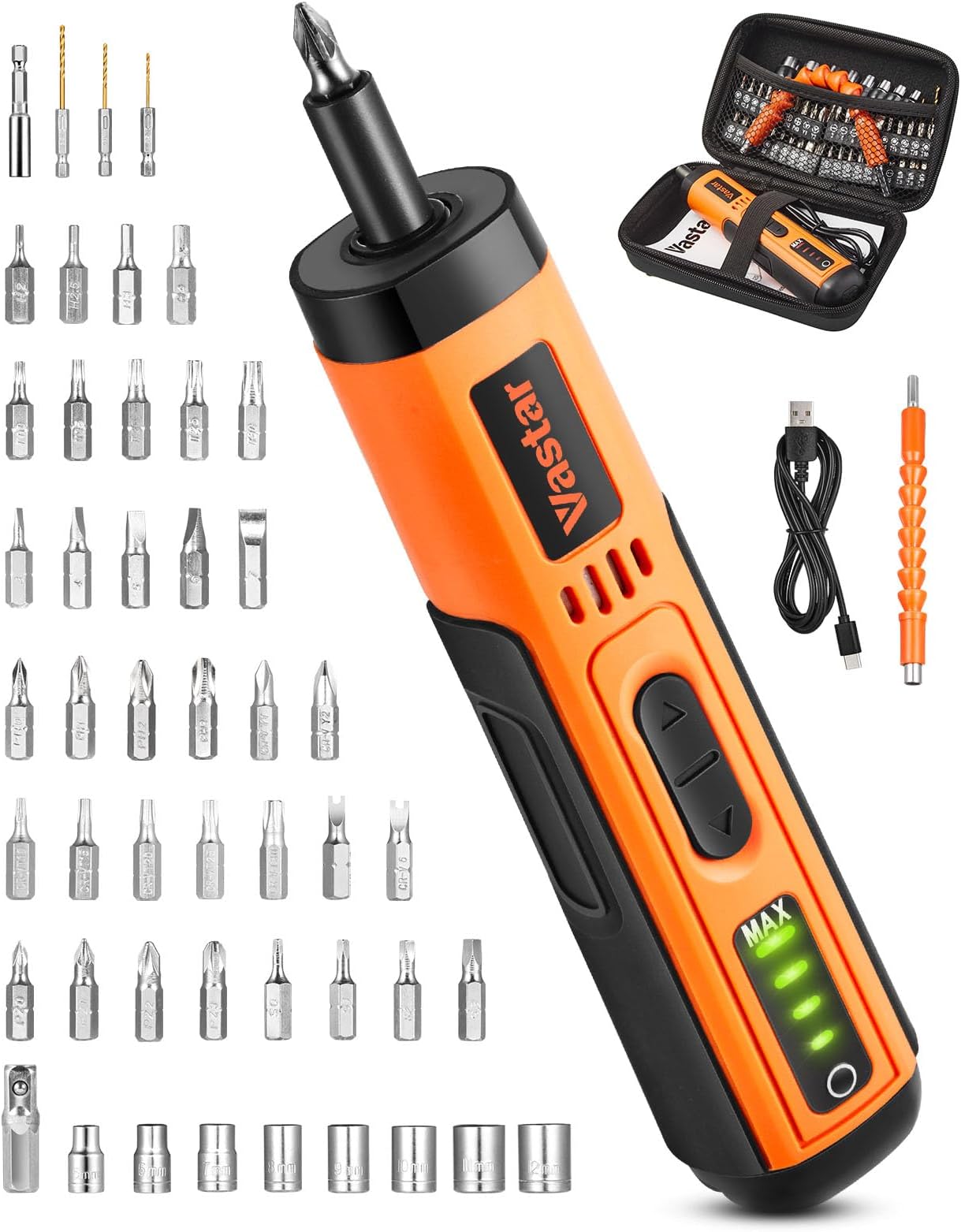 Vastar 4.2V Electric Screwdriver Kit, 4 Torque Settings, 49Pcs Cordless ...