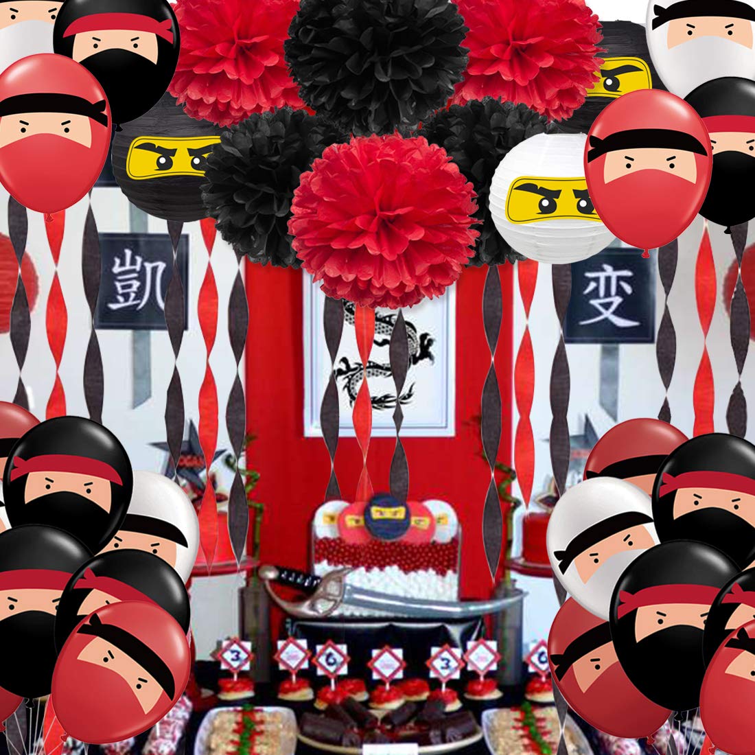 Buy Ninja Decorations Warrior Party Supplies Kit Black and Red, with ...