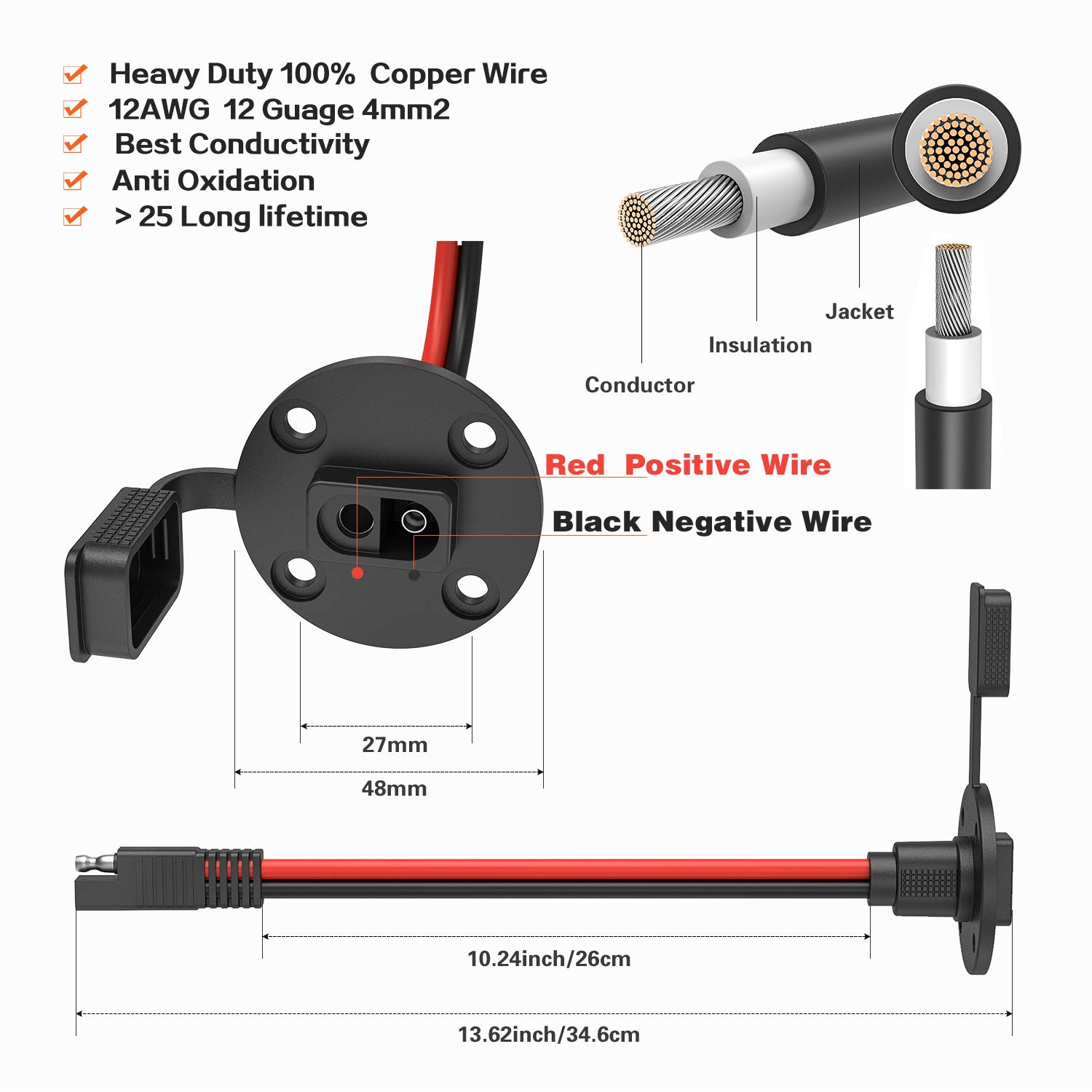 Snapklik.com : 12AWG SAE Connector Power Socket Sidewall Port, 1.1FT ...