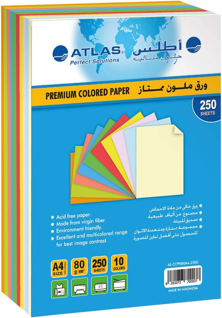 Atlas 10 Color 250 Sheets Origami and Printing Paper (80 GSM - Variety ...