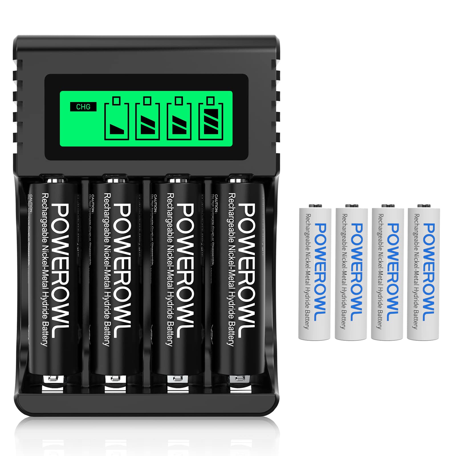 POWEROWL 4 Bay LCD Battery Charger, AA AAA Smart Battery Charger(USB ...