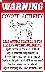 Amazon.com: Warning - Coyote Activity Metal Signs Vintage Wall Art - 16 ...