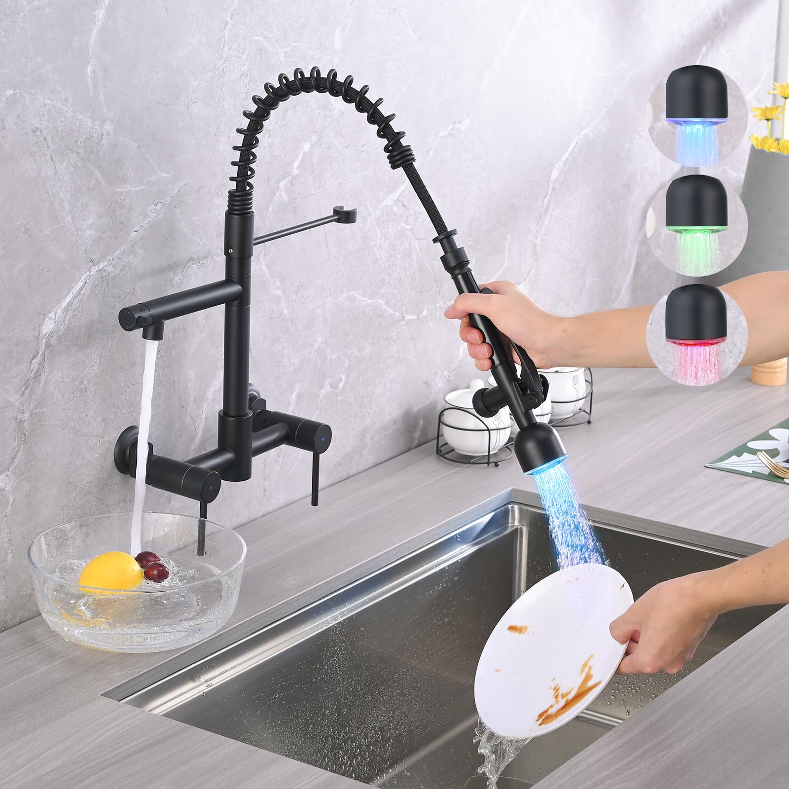 Dornberg Wall Mount LED Kitchen Faucet with Sprayer, Double Handle High ...