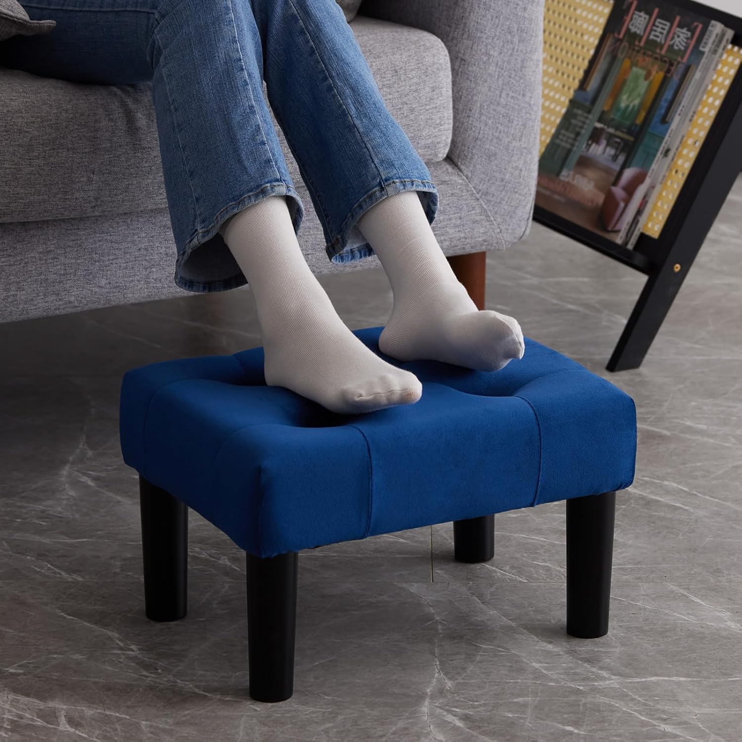 Small Footstool Ottoman, Velvet Wooden Foot Stool Ottoman with Wood ...