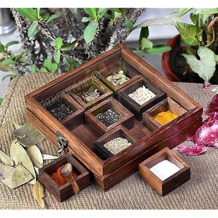 THEHEARTWILL® Spice Box with 2 Spoon (Sheesham Wood) Spice Box for ...