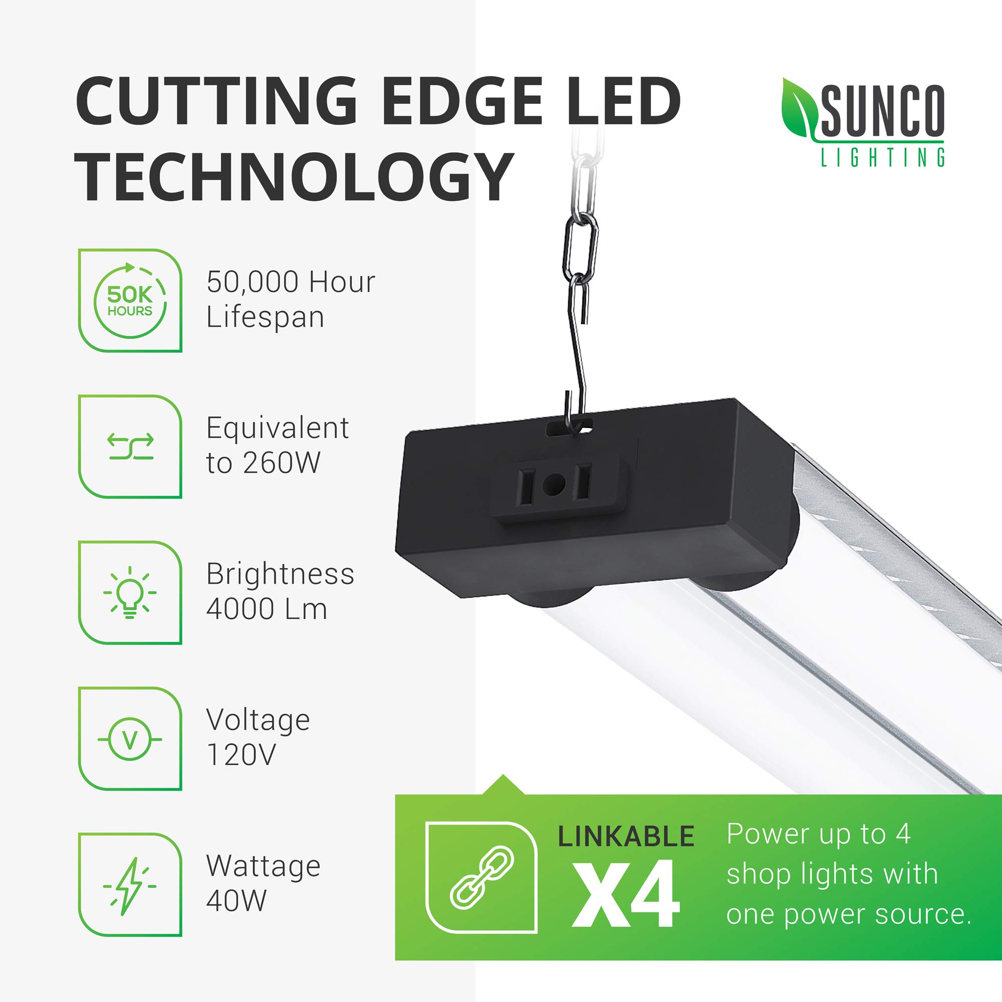 Sunco Lighting LED Shop Light for Workshop Garage 4FT, Plug in Linkable ...