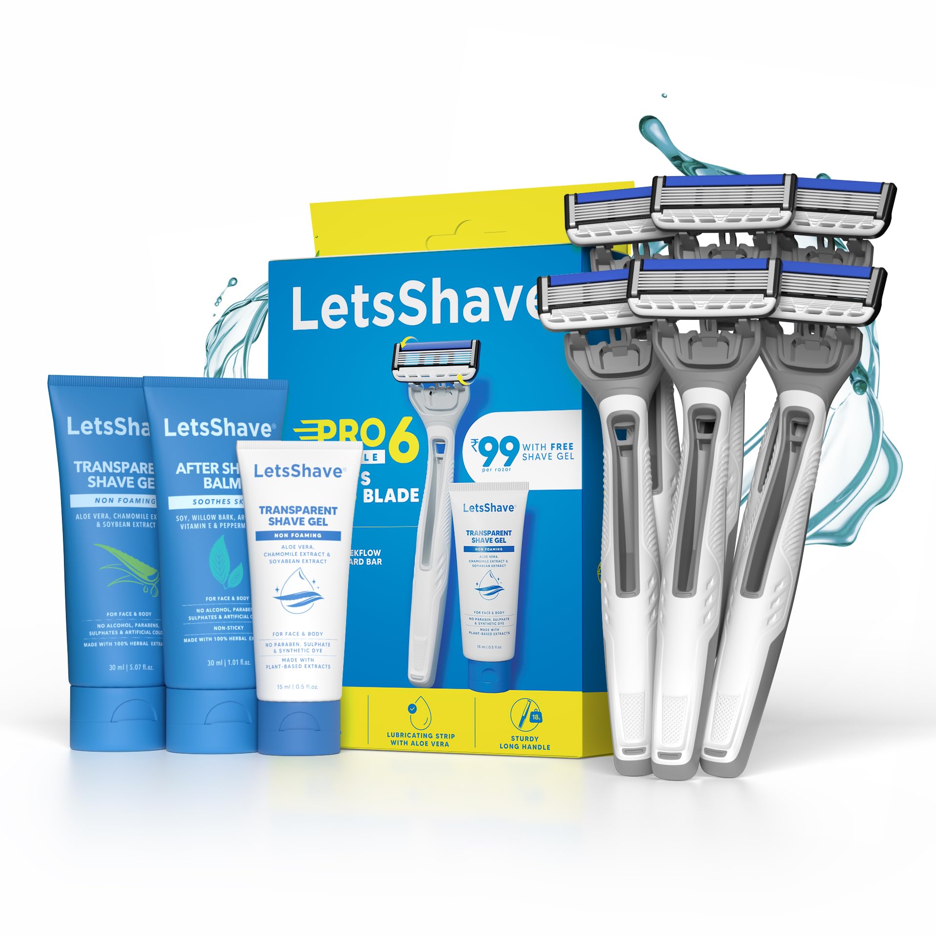 LetsShave Pro 6 Portable Razor for Men, Pack of 6 Razor + 1 Transparent ...