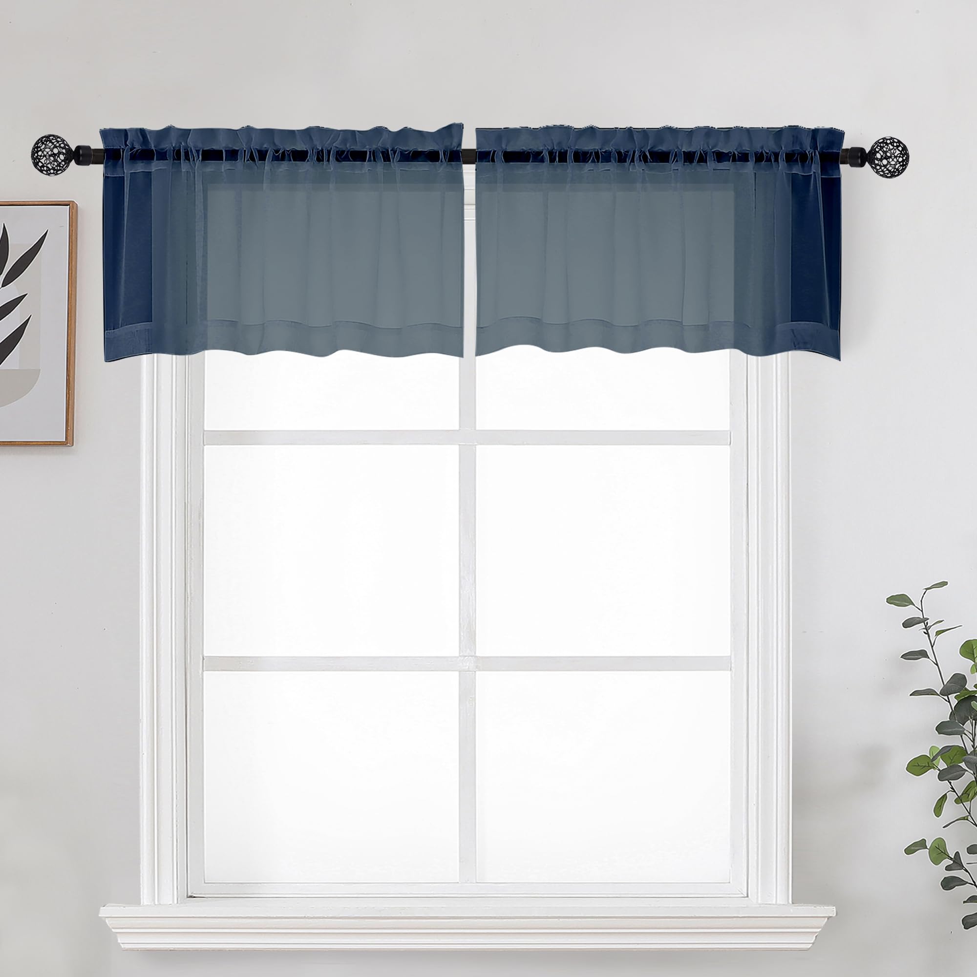 Amazon.com: OWENIE Navy Blue Sheer Kitchen Valance for Windows Set of 2 ...