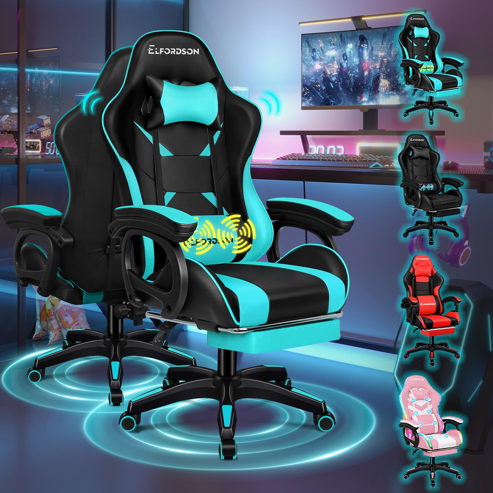 ELFORDSON Gaming Chair with 2-Point Massage Cushion, Computer Chairs ...