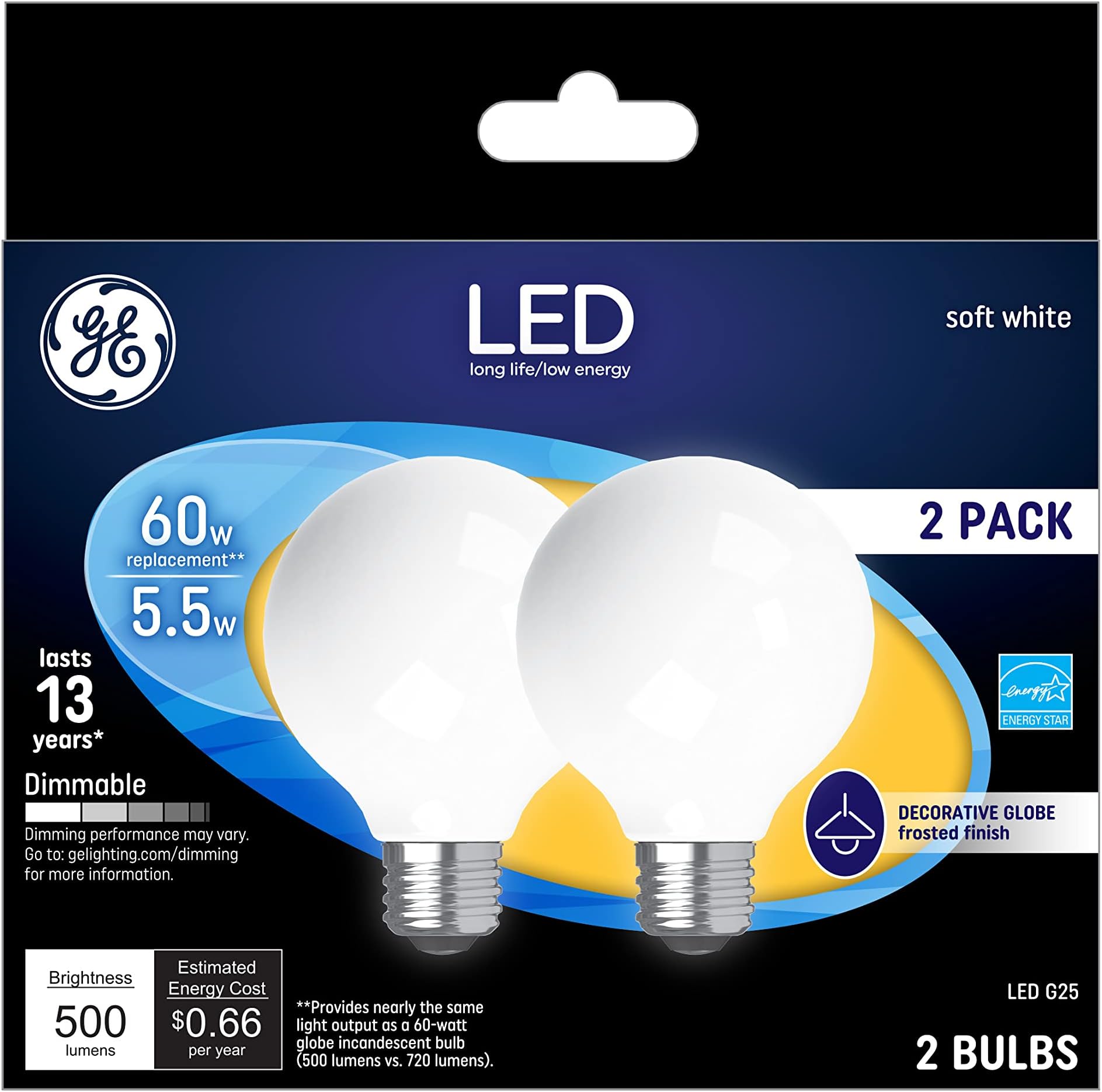GE LED Light Bulbs, 60 Watt, Soft White, G25 Globe Bulbs, Frosted ...
