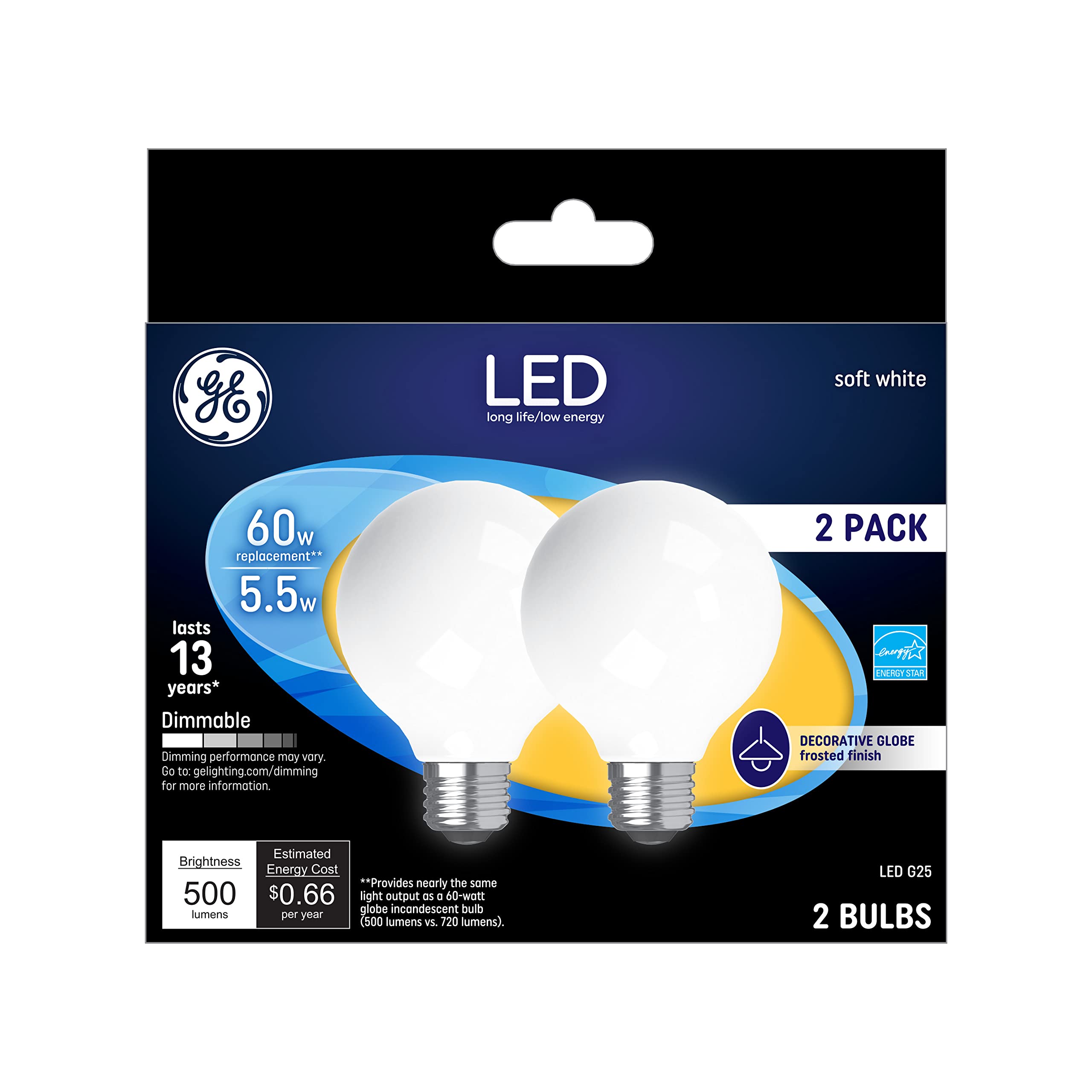 GE LED Light Bulbs, 60 Watt, Soft White, G25 Globe Bulbs, Frosted ...