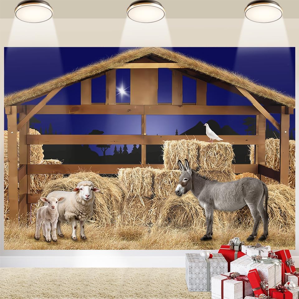Amazon.com : Country Farmhouse Christmas Nativity Backdrop - Old Barn ...