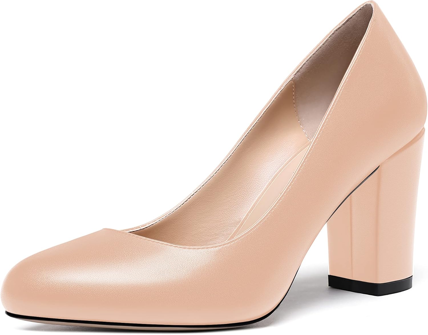 WAYDERNS Women's Thick Matte Solid Round Toe Slip On Block High Heel ...