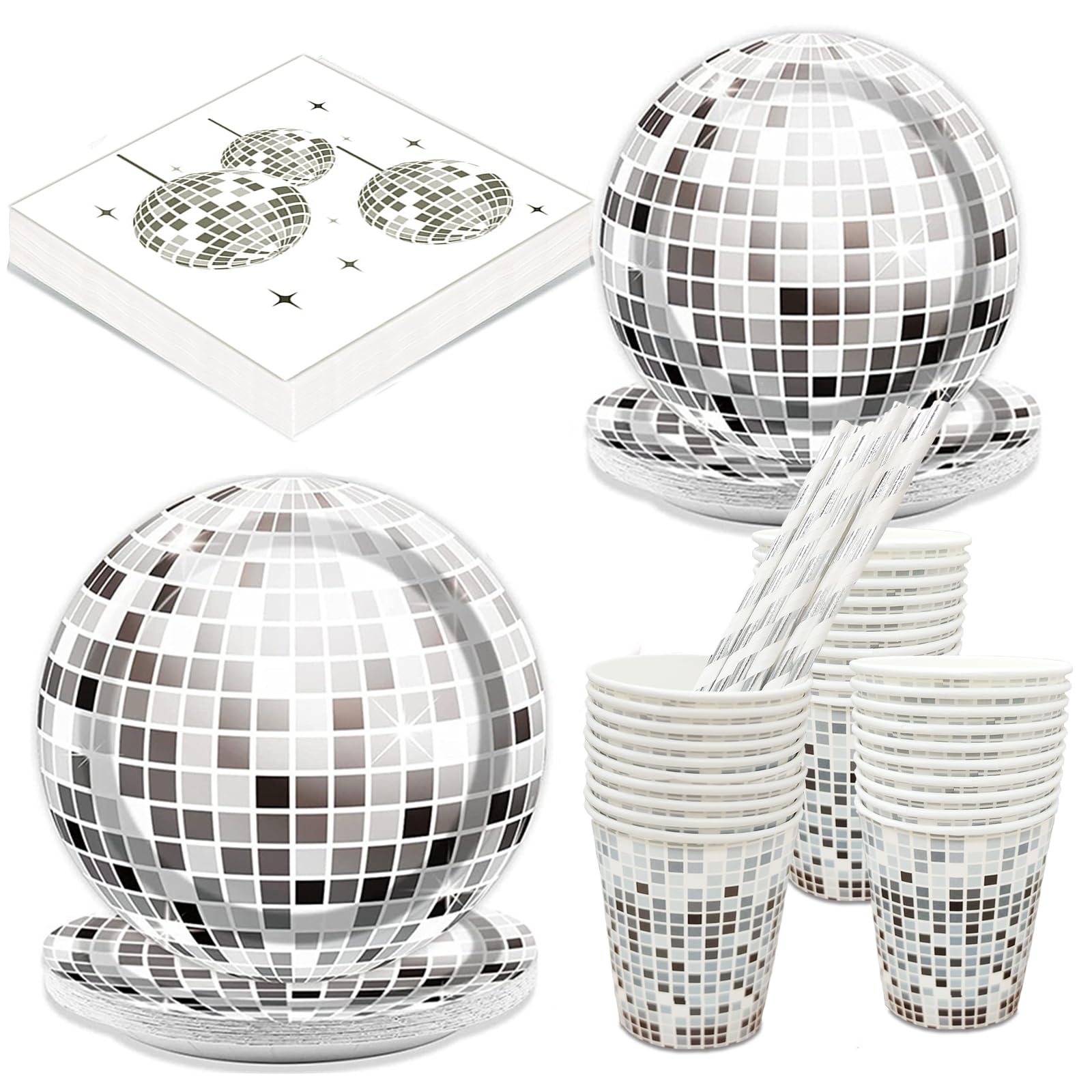 120 Piece Disco Ball Party Tableware Set, Disco 70s 80s Retro Party ...