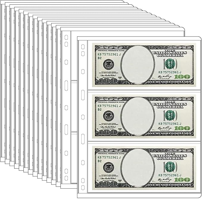 15-Sheet Pack Money Binder with 3-Pocket Dollar Bill Sleeves Currency ...