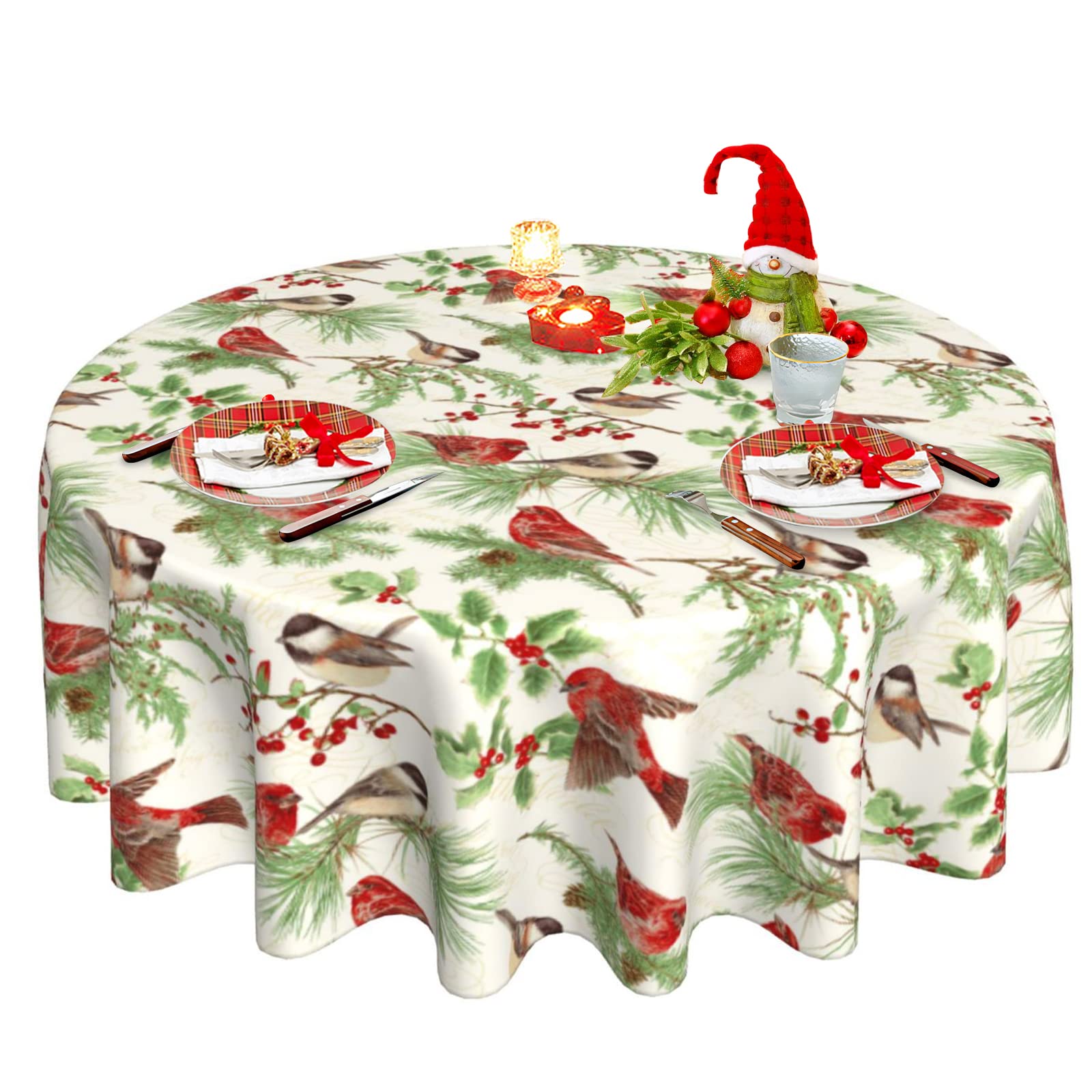Christmas Round Tablecloth 70 Inch, Winter Birds, Spruce Branches and ...