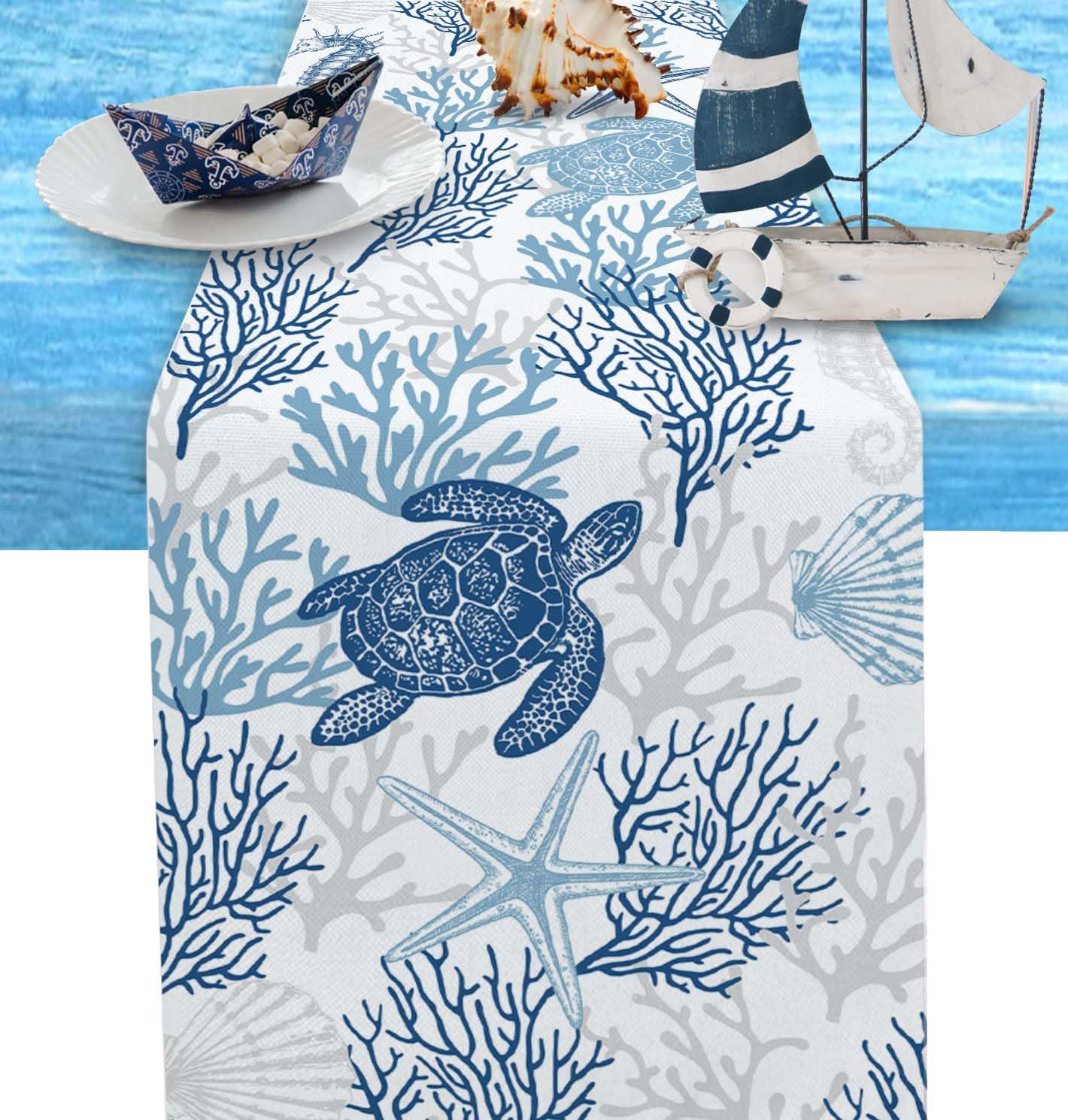 Amazon.com: Sea Turtle Table Runner Nautical Blue Coral Table Runners ...