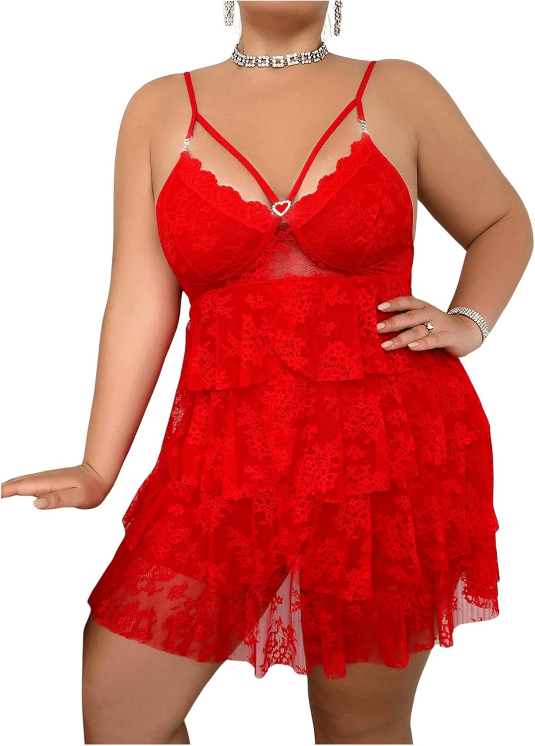 MakeMeChic Women's Plus Size Floral Lace Lingerie Babydoll V Neck Nightgowns Hollow Out Ruffle ...
