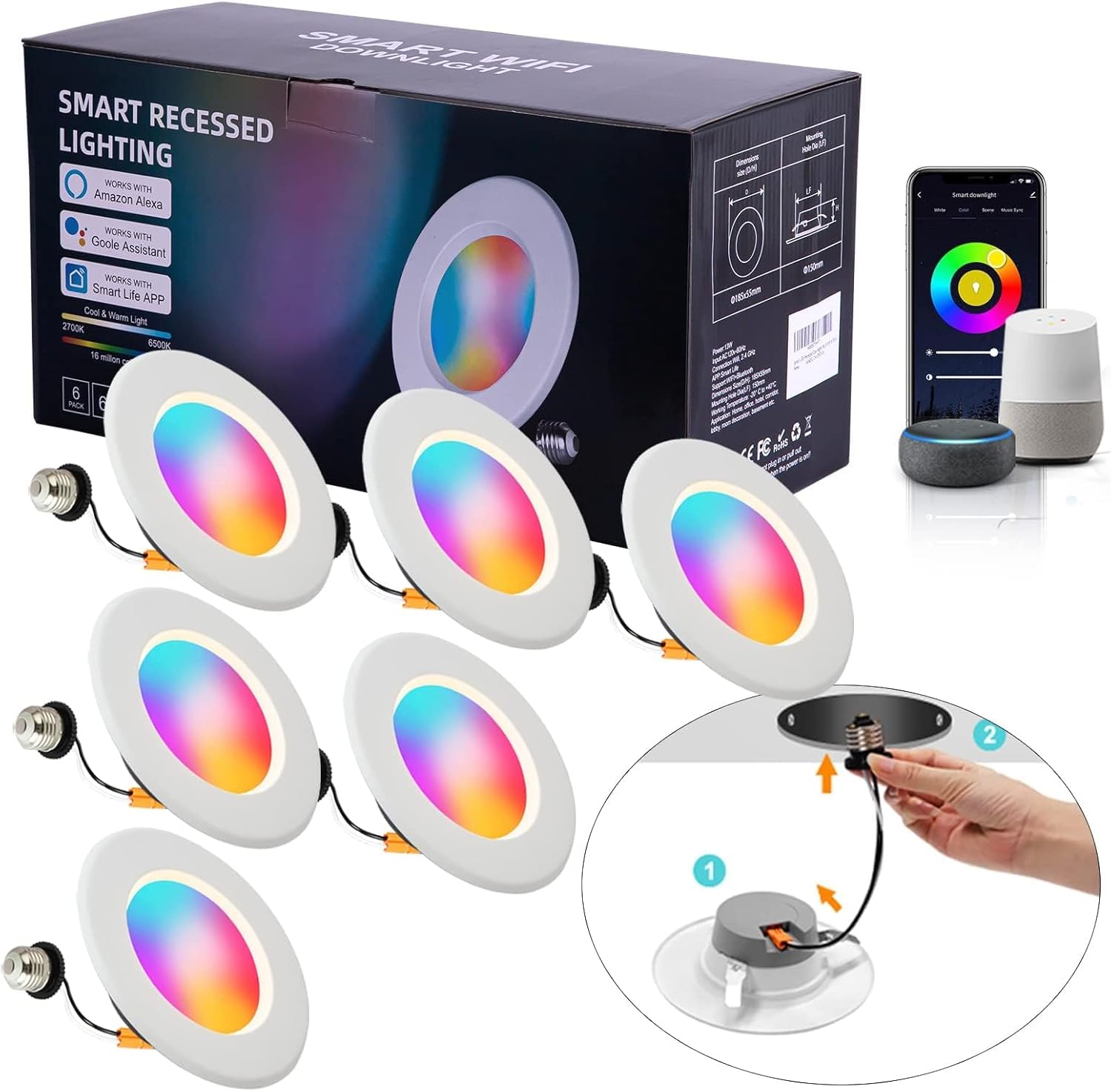 6 Pack 6 inch Smart Retrofit Recessed Can Lights,Color Changing WiFi ...