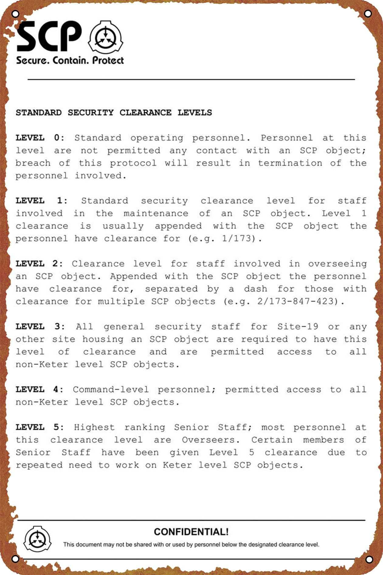 Amazon.com : SCP Security Levels Poster Retro Metal Tin Sign Vintage ...