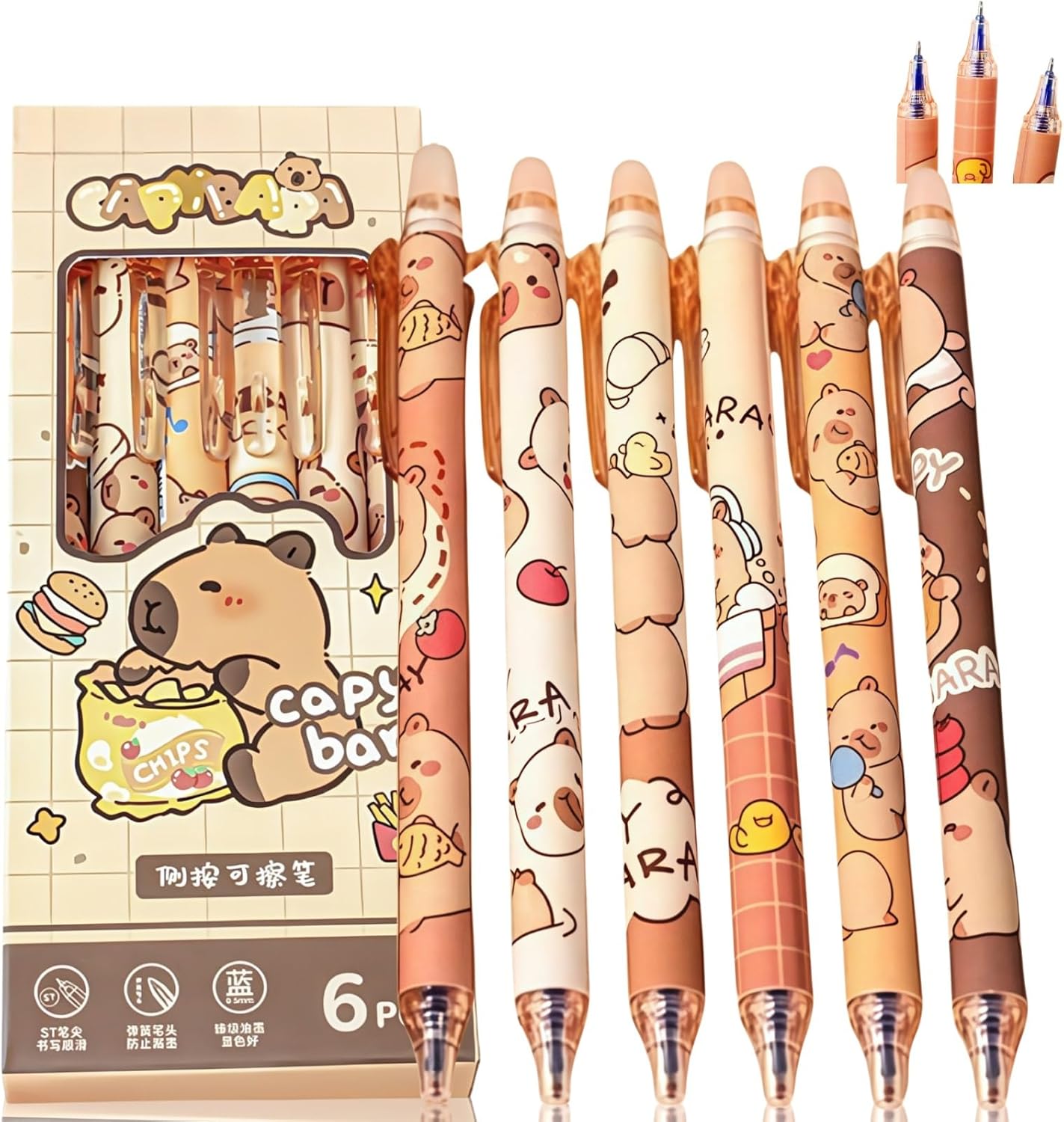 6Pcs Capybar Erasable Gel Pens,Cute Capybara Design,Capybara Ballpoint ...