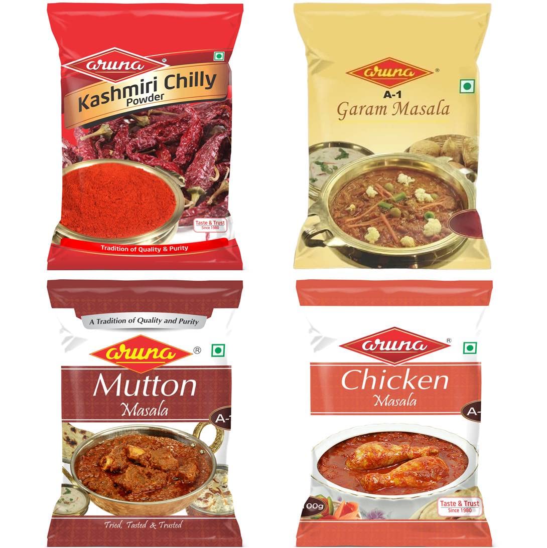 Aruna Masala Powder Combo | Kashmiri Chilly, A1-Garam, A1-Chicken & A1 ...