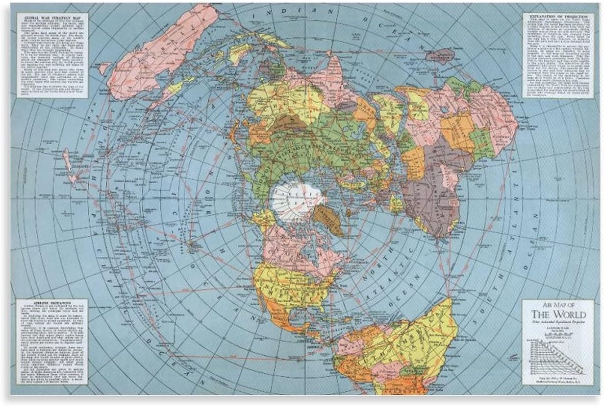 Amazon.com: Flat Earth Map Polar Azimuthal Equidistant Projection 1943 ...