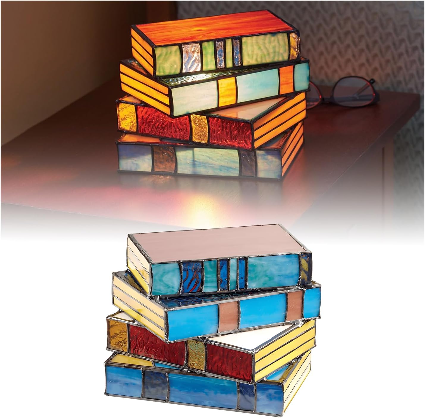 AUGARDEN Stained Glass Stacked Books Lamp, Stacked Books Glass Lamp ...