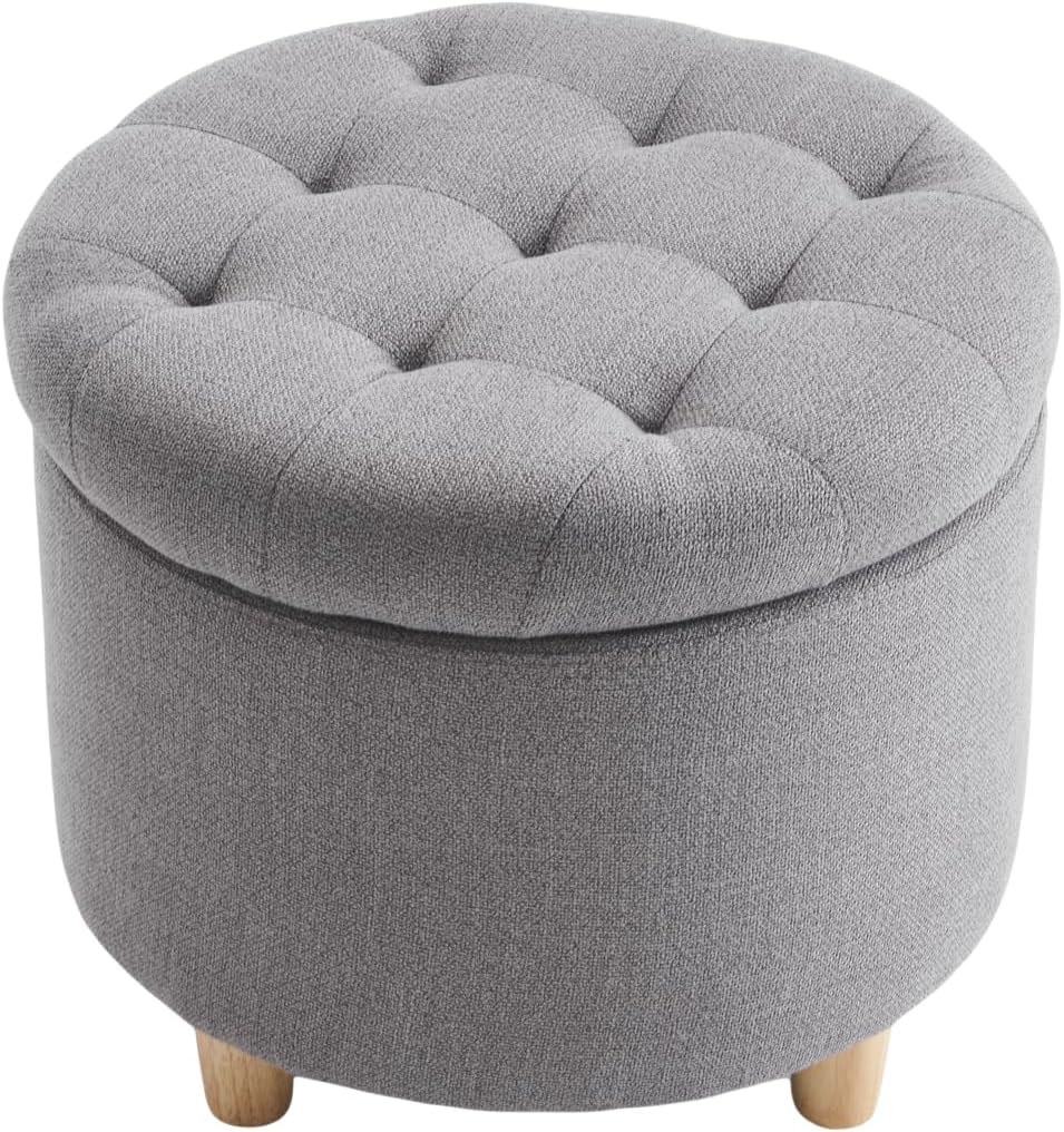 Amazon Basics Upholstered Linen Tufted Storage Round Ottoman Footstool